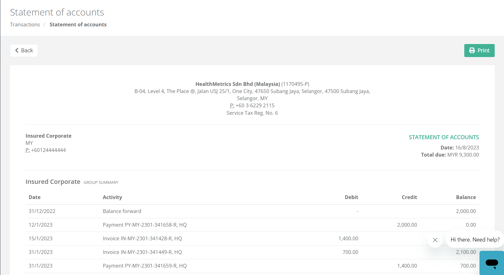 Transactions - Print Statement of Accounts – HealthMetrics Sdn Bhd