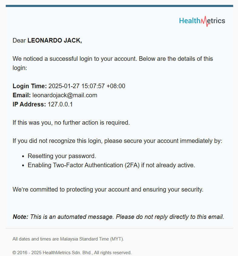 Panel Dashboard - Login Activity & Alerts – HealthMetrics Sdn Bhd