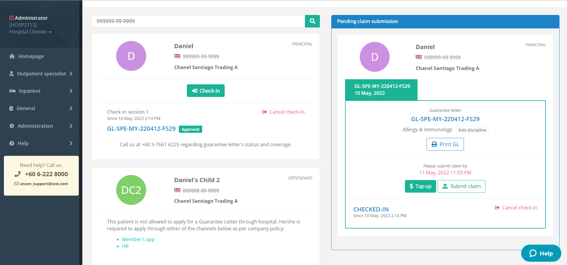 Request top-up for an outpatient GL – HealthMetrics Sdn Bhd