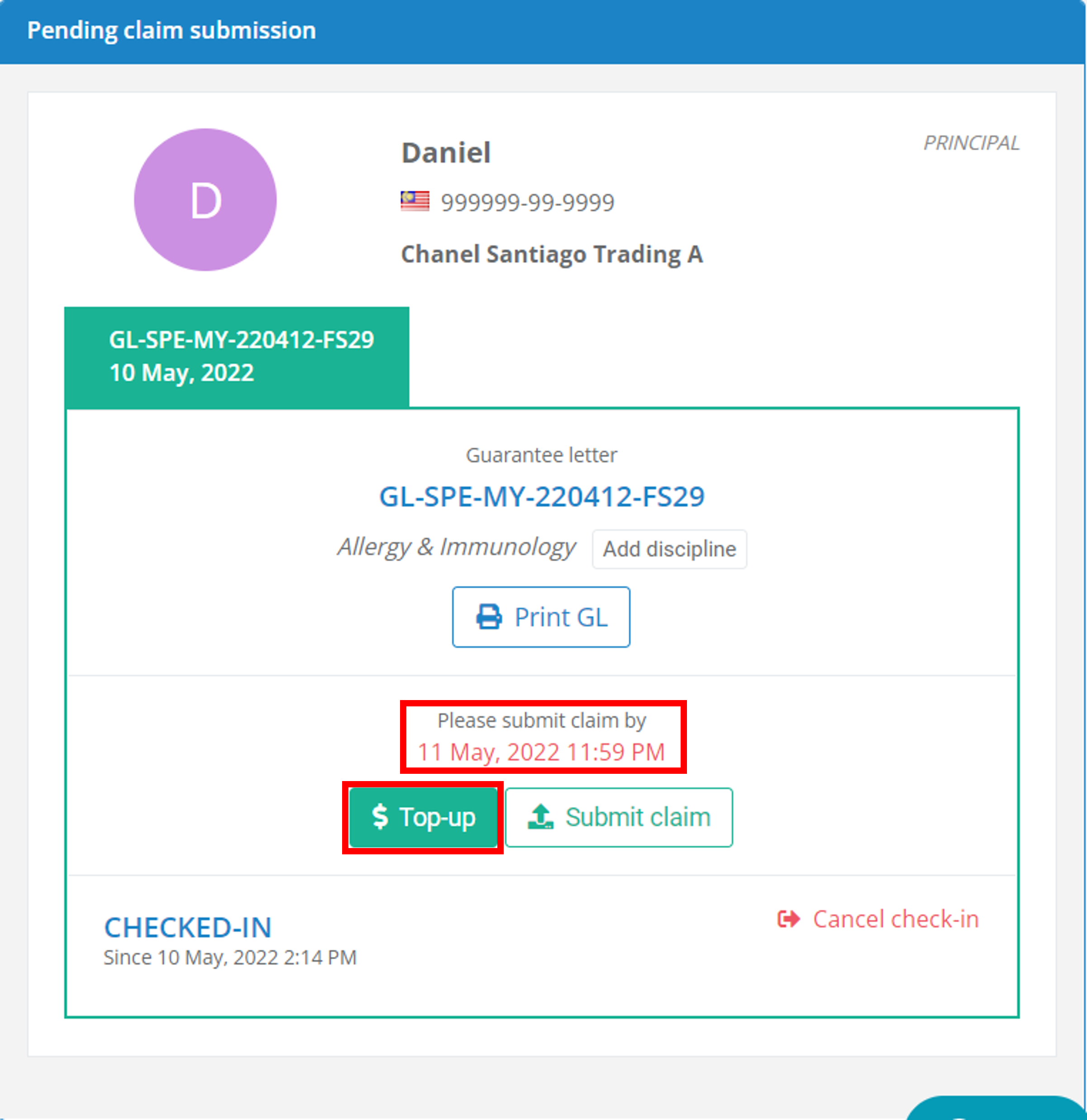 Request top-up for an outpatient GL – HealthMetrics Sdn Bhd